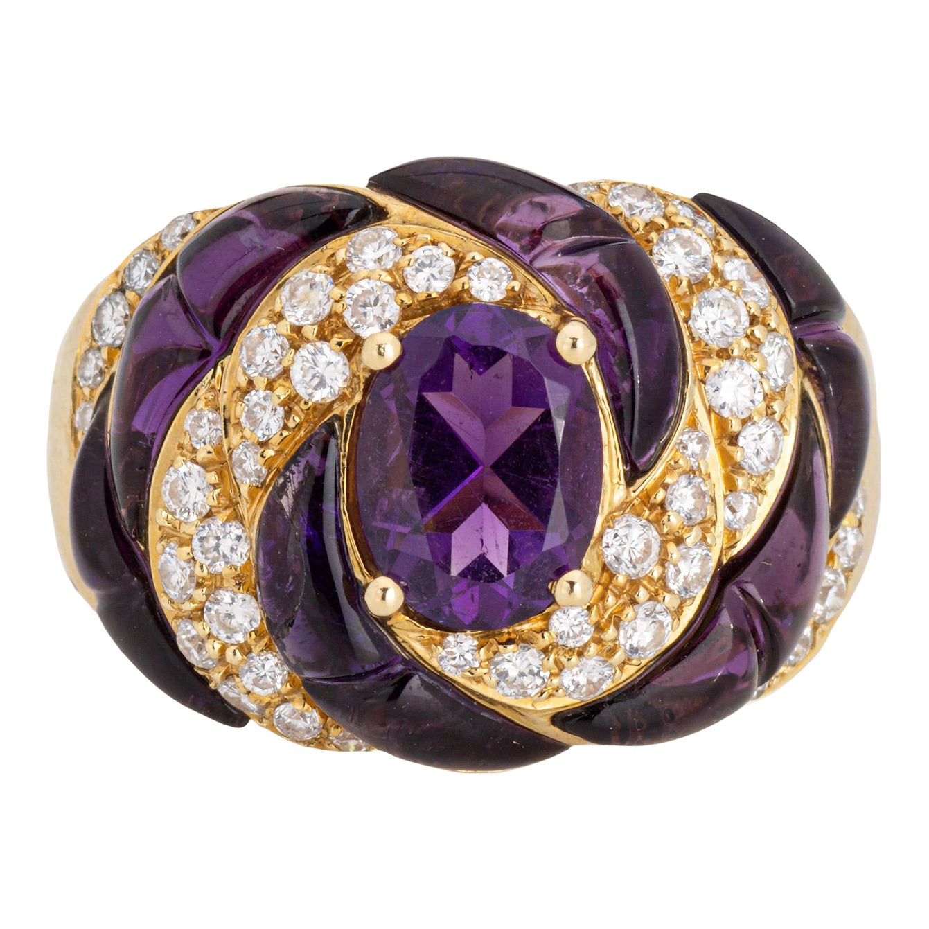 Vintage Amethyst Diamond 18k Yellow Gold Calibre Cut Swirl Band Ring ...