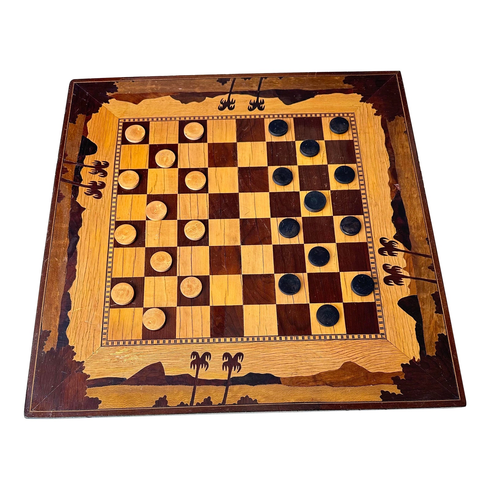 Vintage Marquetry Checkerboard With Palm Trees | Chairish