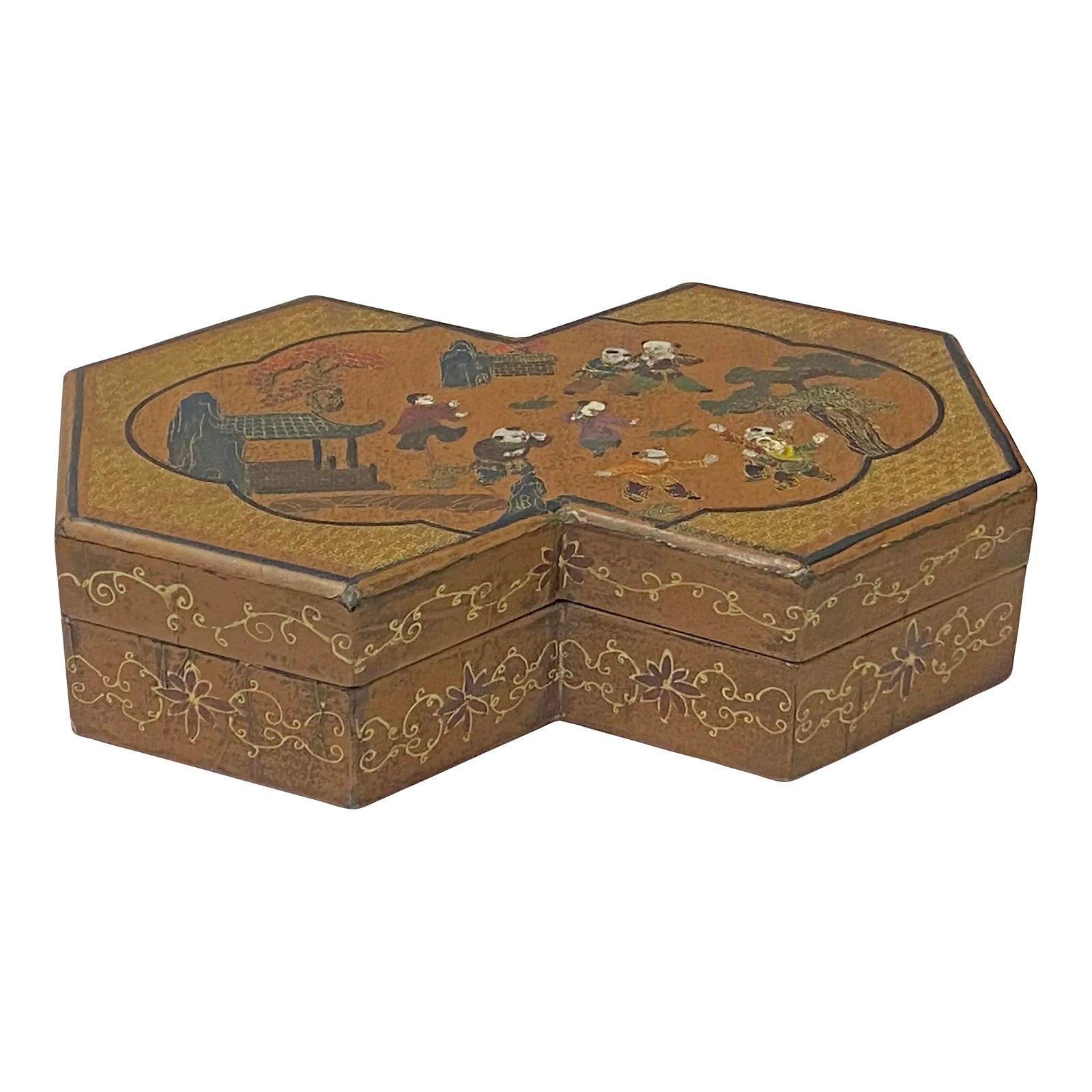 Chinese Distressed Brown People Graphic Rectangular Decagon Shape Box ...