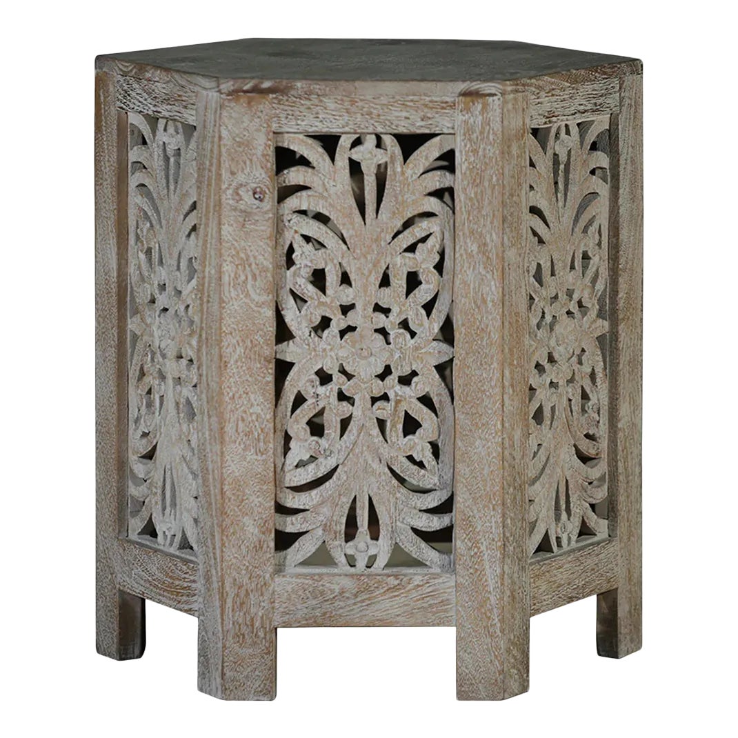 Farmhouse Style Handmade Carved Solid Mango Lattice Side Table | Chairish