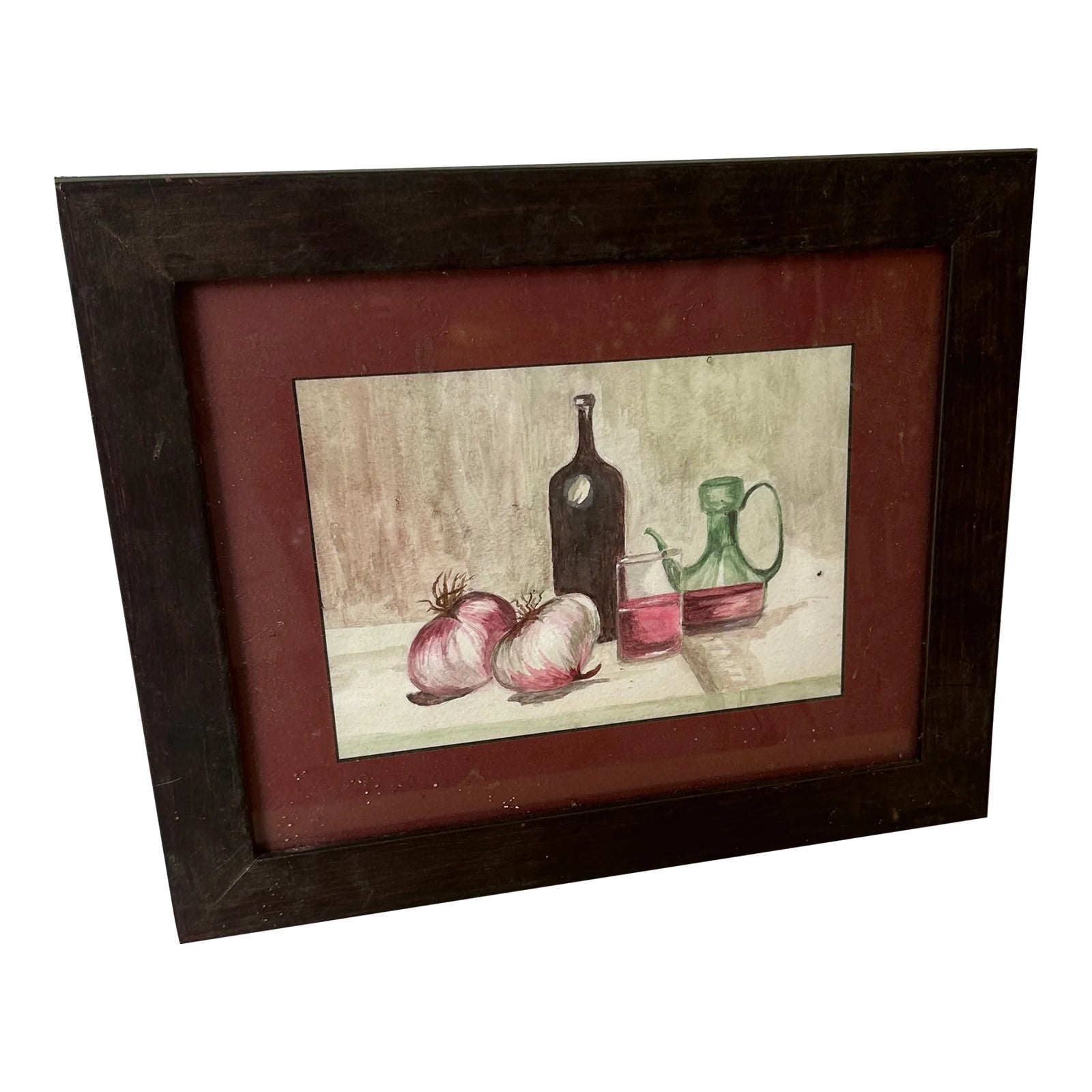 1970s Wine and Onions Watercolor Painting, Frames | Chairish