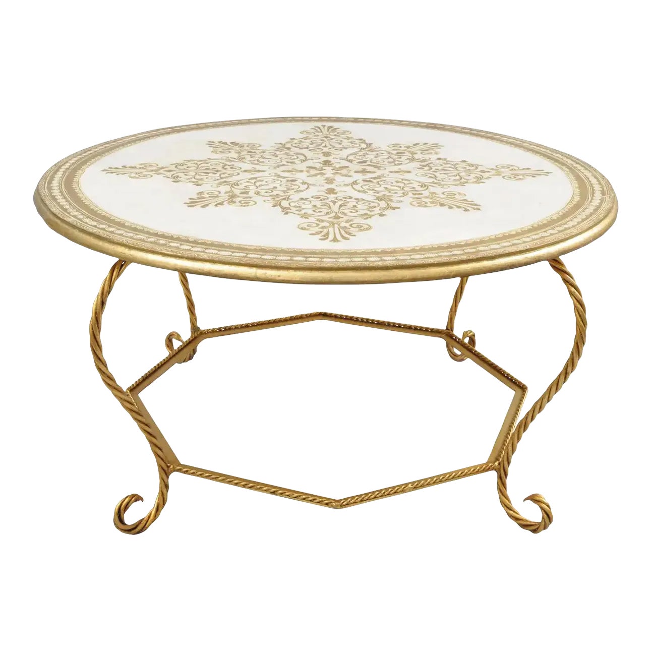 Italian Florentine Hollywood Regency Gold Wood & Iron Rope Round Coffee ...
