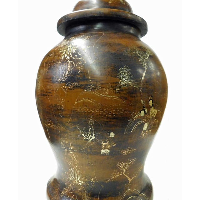 Chinese Distressed Brown Lacquer Jar | Chairish