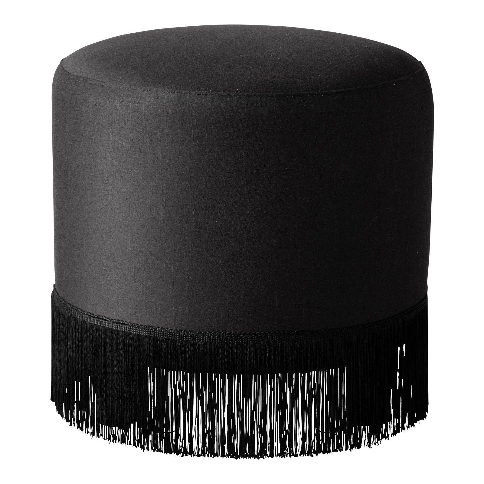 Eva Fringe Ottoman in Shantung Black Faux Silk | Chairish
