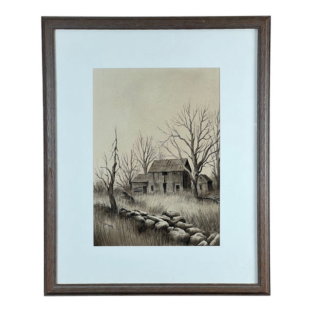 1990s Ink and Watercolor Painting “Abandoned Farm” by Bill Ely, Framed ...