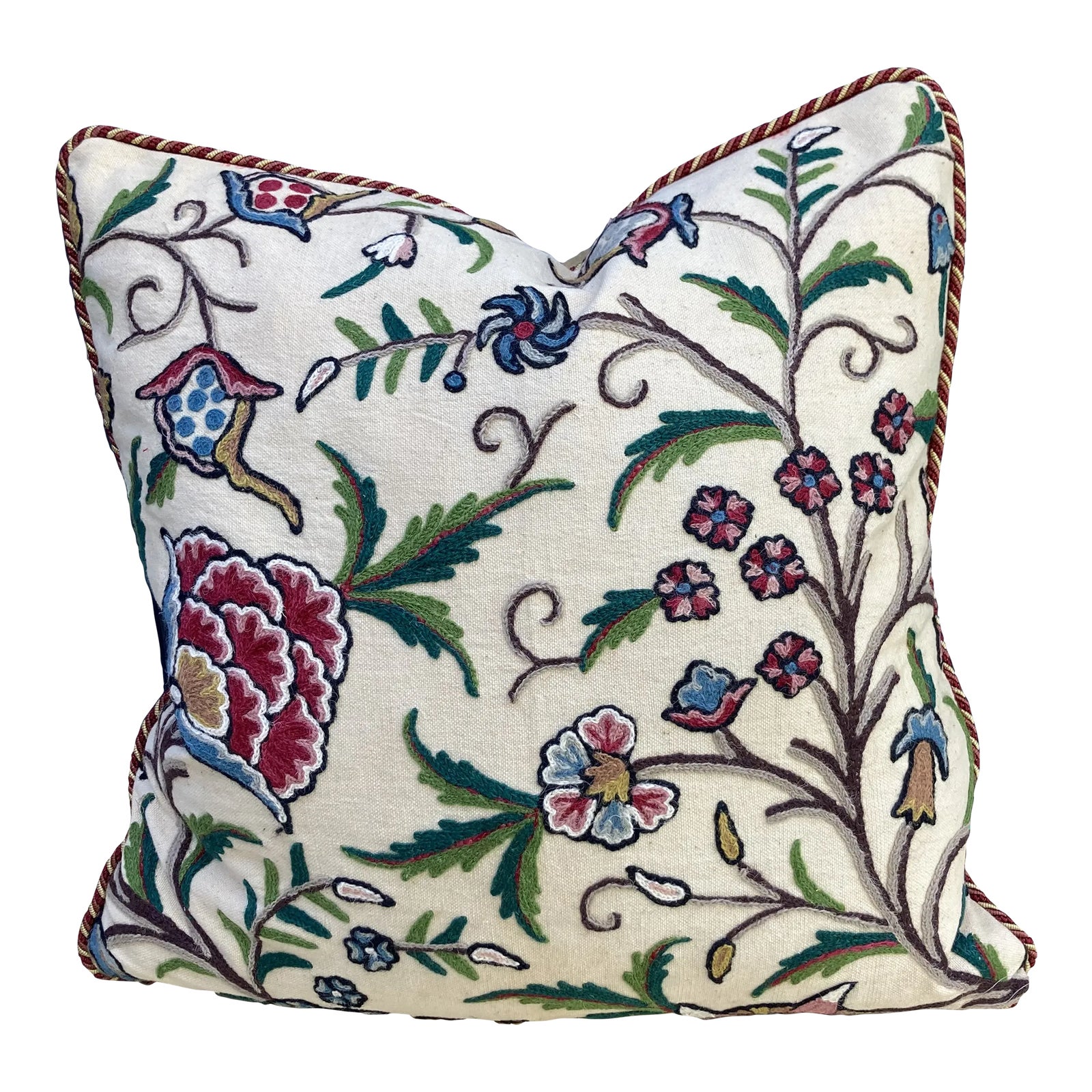 Vintage Crewel Pillow | Chairish