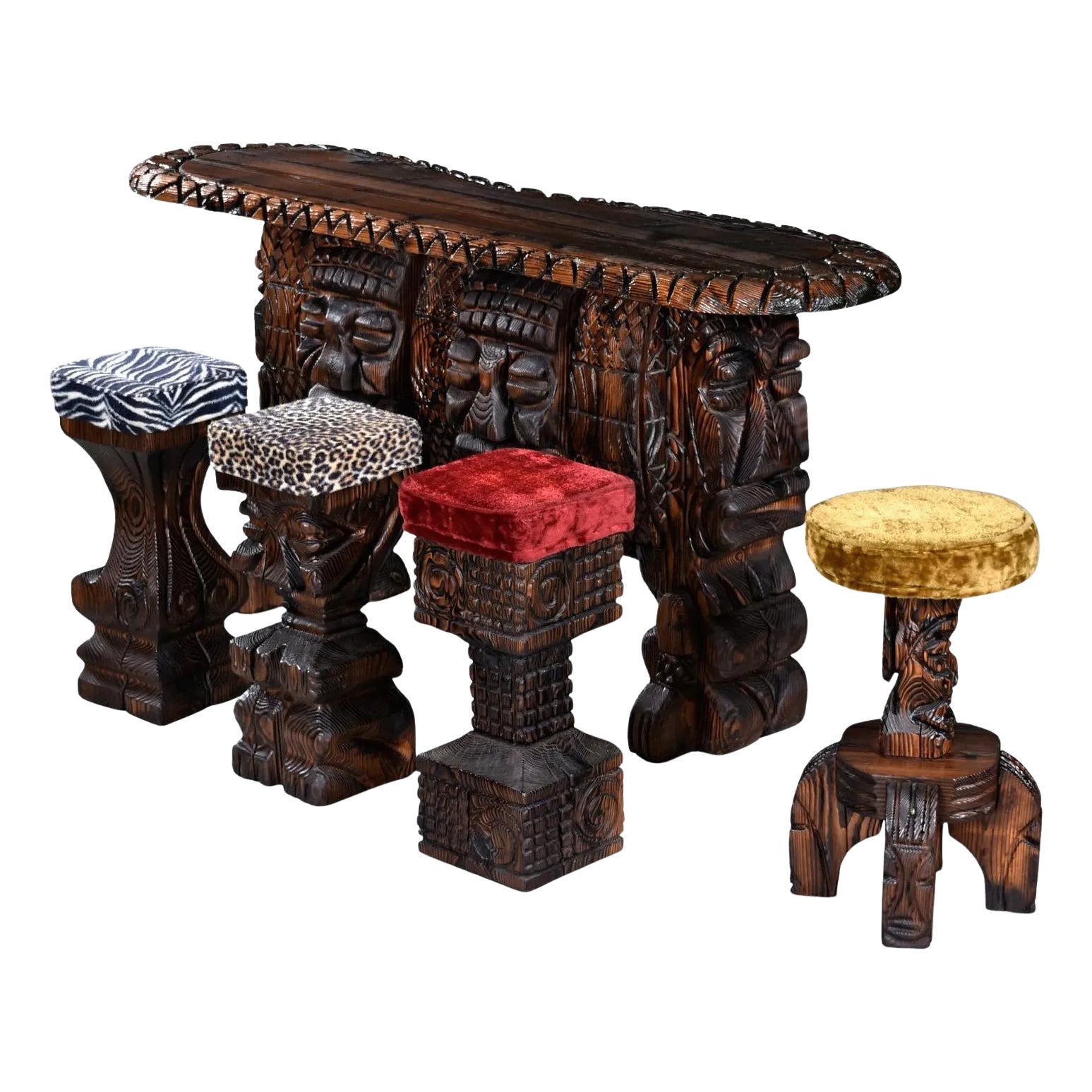 Mid-Century Hand Carved Witco Tiki Bar and Barstool Set by William ...