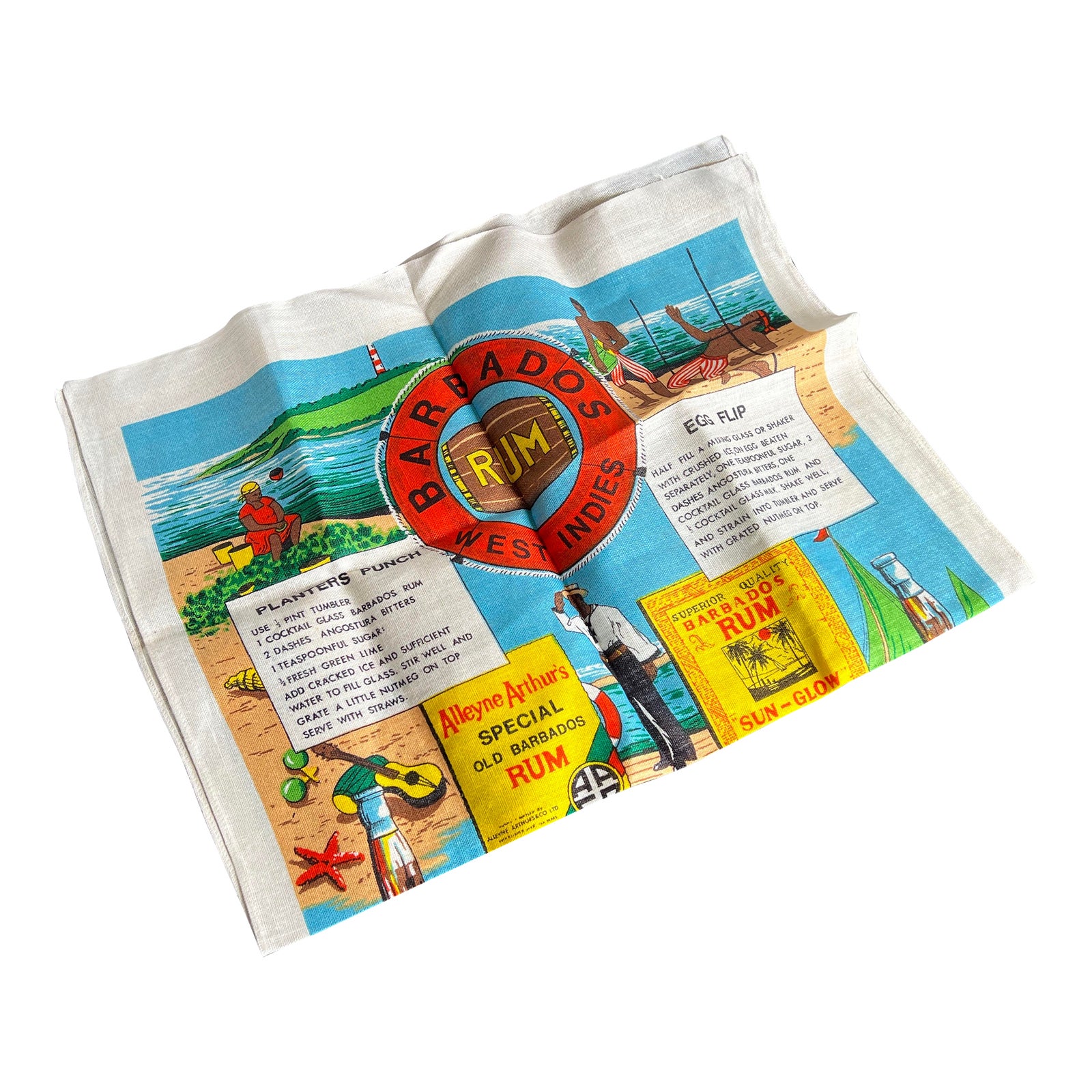 Vintage 1950's Lithographed Caribbean Barbados Rum Bar Towel | Chairish