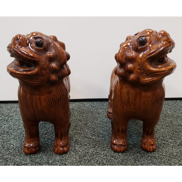Circa 1900 Japanese Brown Glazed Clay Shisa Dog Statues - a Pair | Chairish