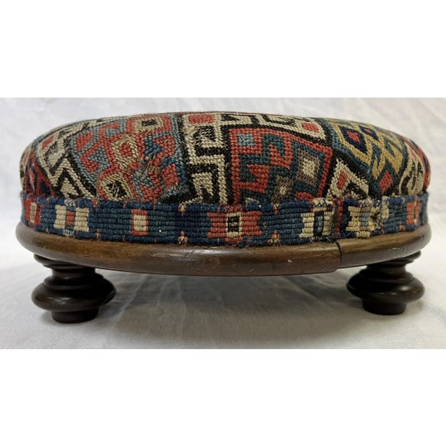 Antique Needlepoint and Wood Round Footstool | Chairish