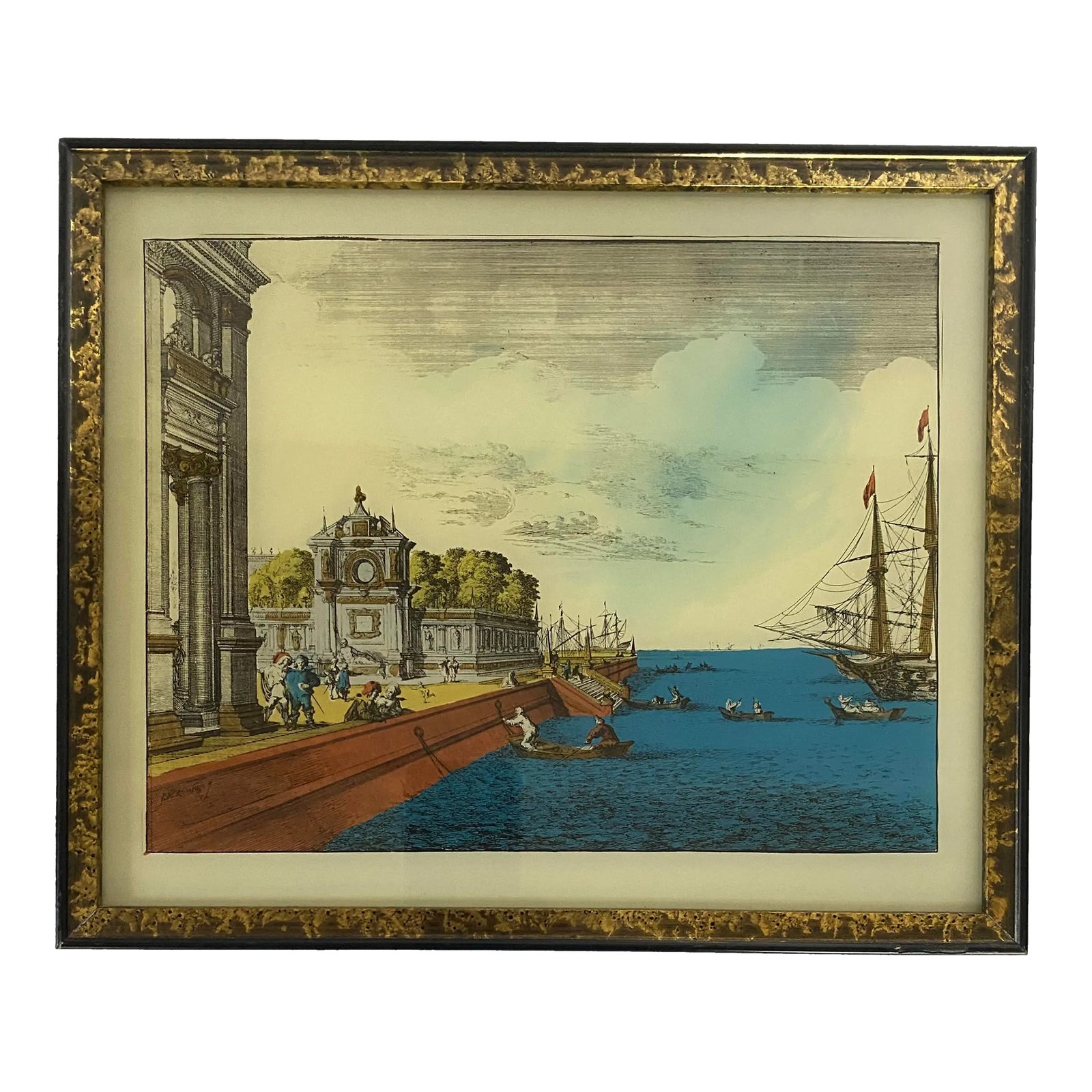 Italian Hand Colored Engraving Print With Metallic Embellishments ...