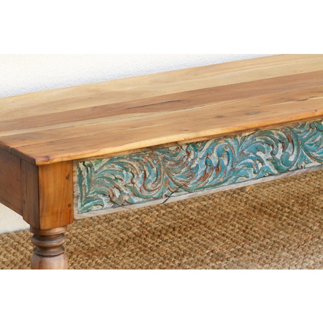 Reclaimed Wood Carved Aqua Beam Bench | Chairish