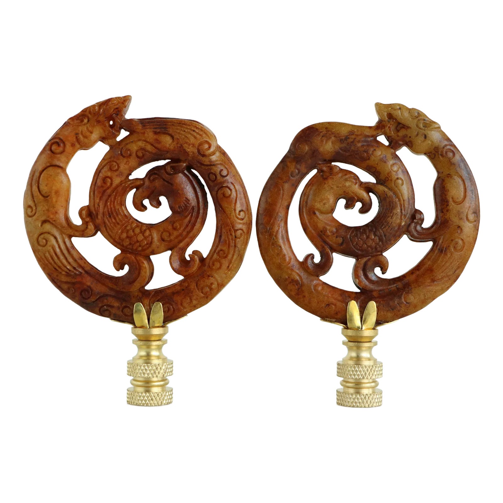 Chinese Dragon Ouroboros Lamp Finials on Brass Hardware - A Pair | Chairish