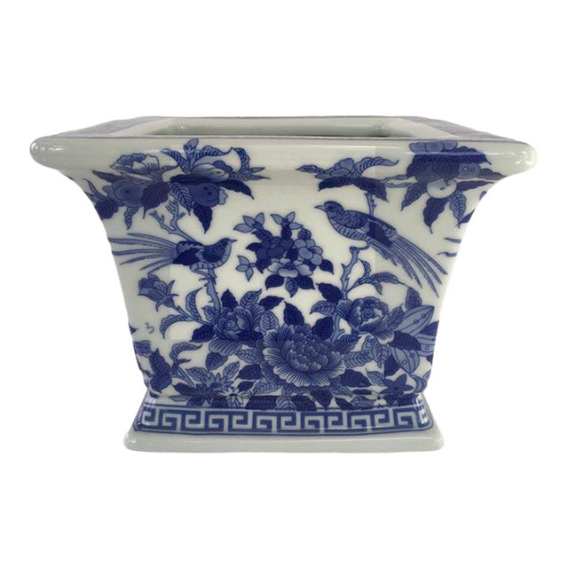 Blue & White Porcelain Bird Cachepot | Chairish