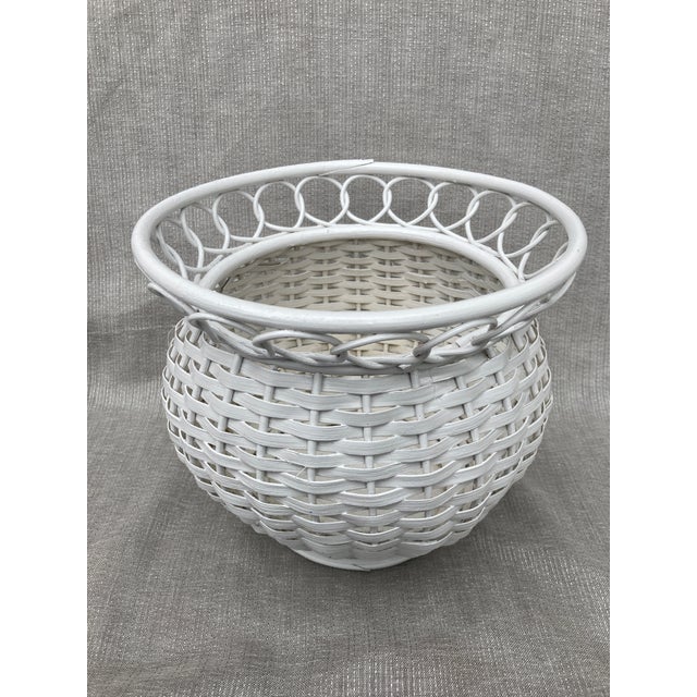 Vintage White Rattan Wicker Planter Basket | Chairish