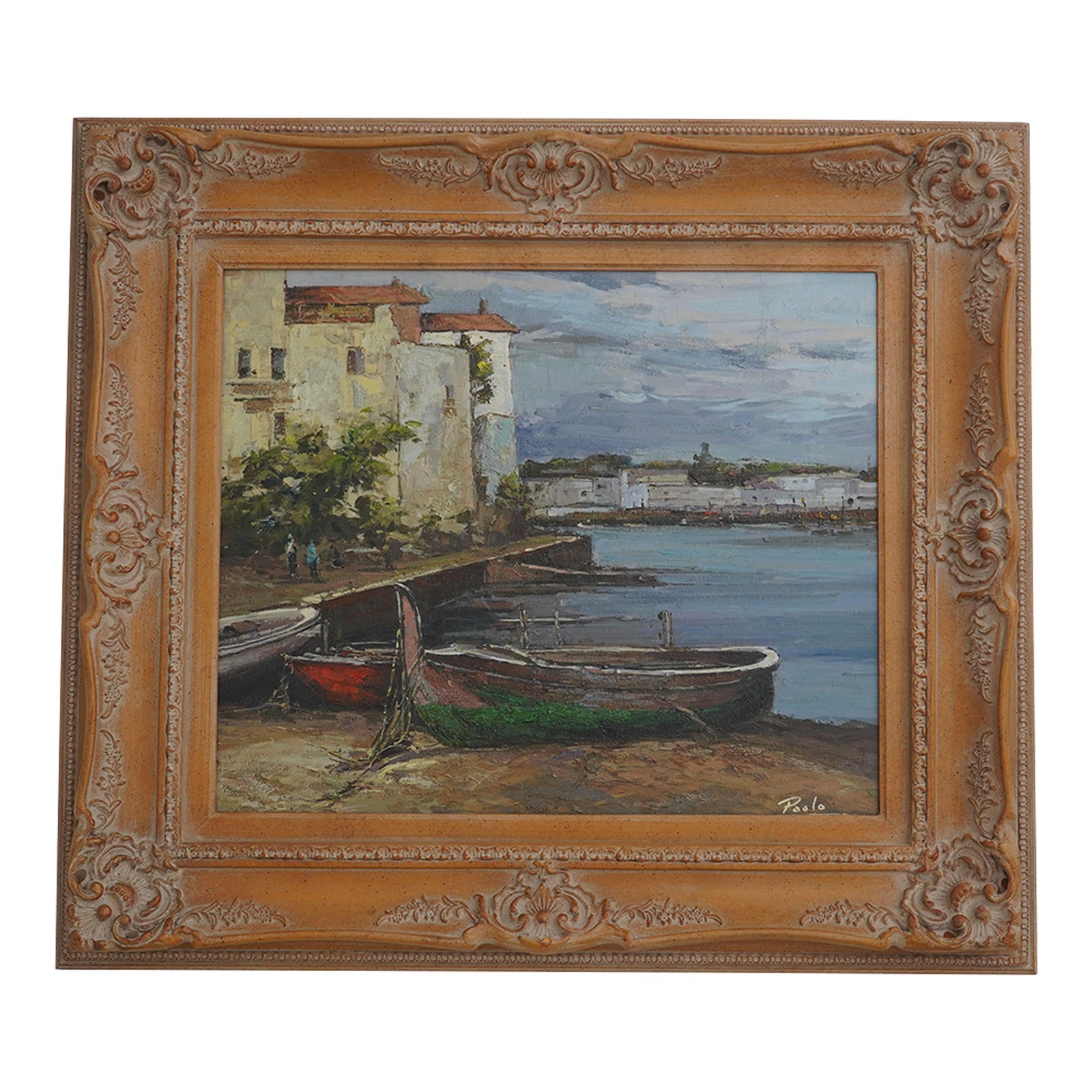 Paolo Artist Signed Mediterranean Boat Scene Oil Painting on Canvas ...