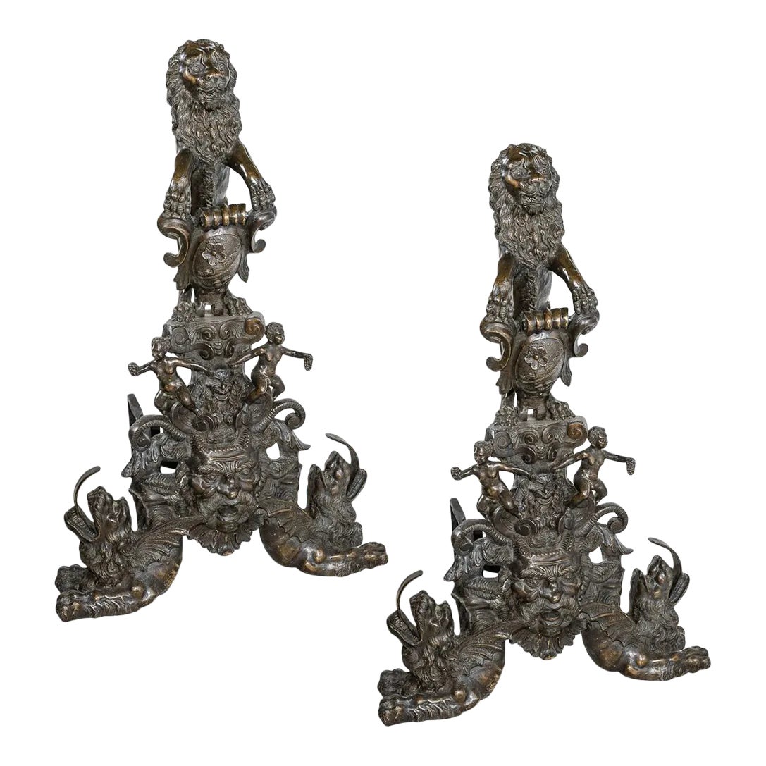 Mmid 19th Century Bronze Lion Andirons- a Pair | Chairish