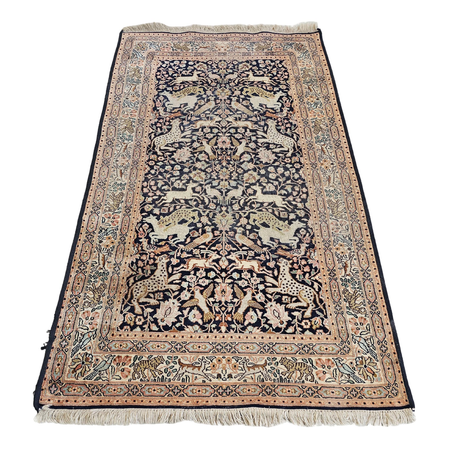 Qom Silk Rug Depicting the Hunting Scene, 1930s | Chairish