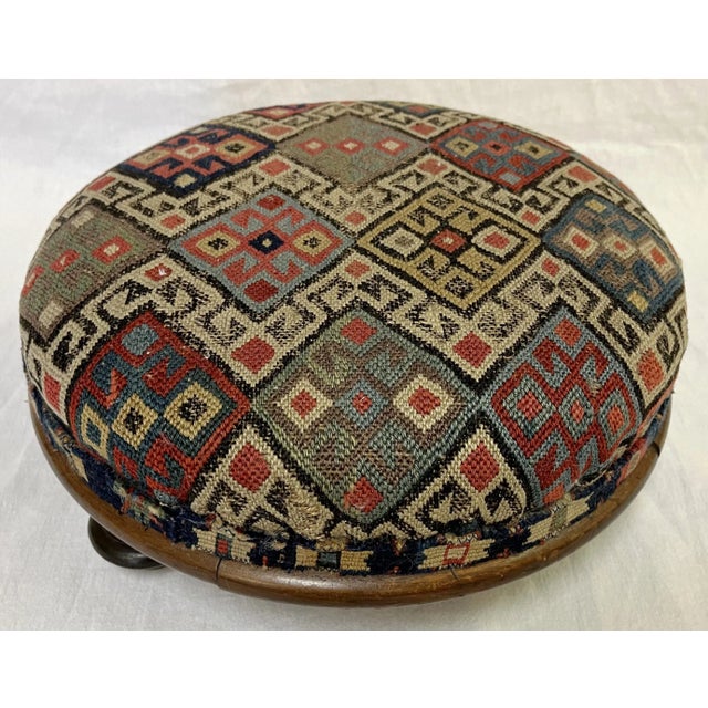 Antique Needlepoint and Wood Round Footstool | Chairish