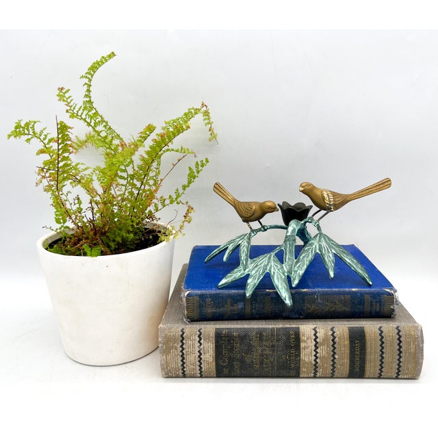 Vintage Verdigris Brass Birds on Bamboo Figurine and Flower Frog by ...