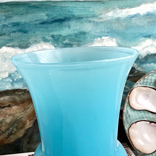 Late 20th Century Turquoise Blue Opaline Stemmed Glass Vase | Chairish