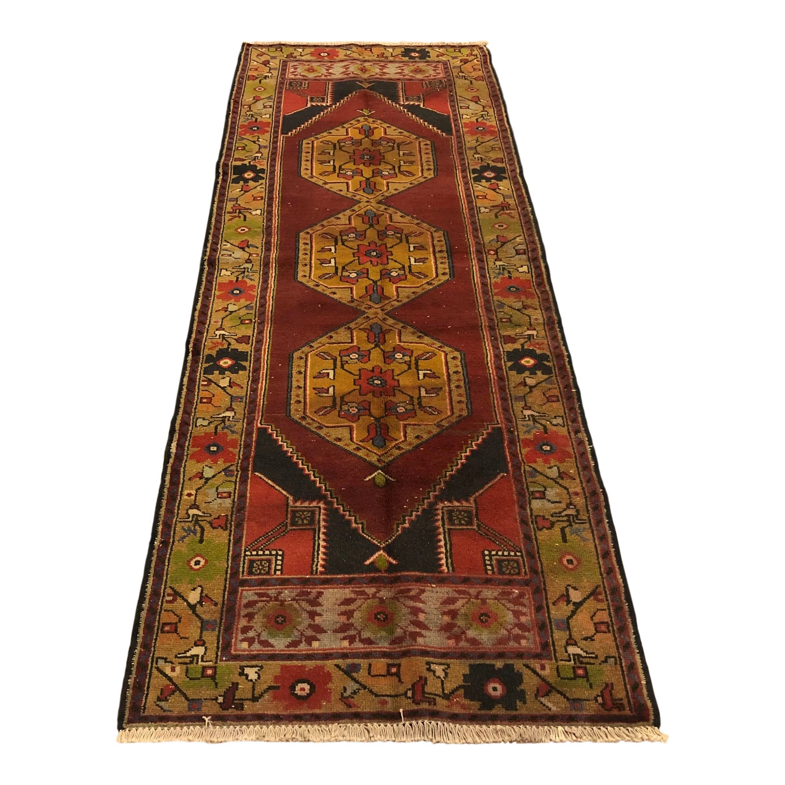 Vintage Red and Green Oushak Handmade Floor Bohemian Runner Rug - 3′3 ...