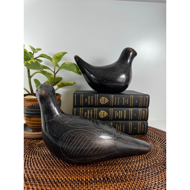Pair of Vintage Mexican Black Clay Bird Sculptures, Mid-Century Folk ...