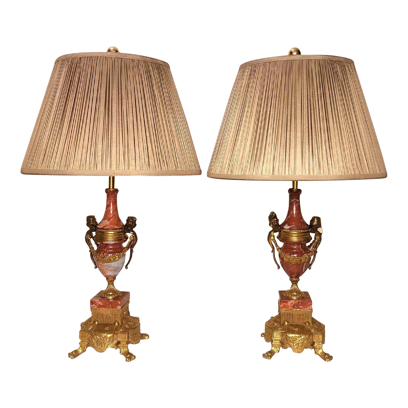 Vintage Brevettato Italian Gilt Brass and Rust Marble Table Lamps With ...