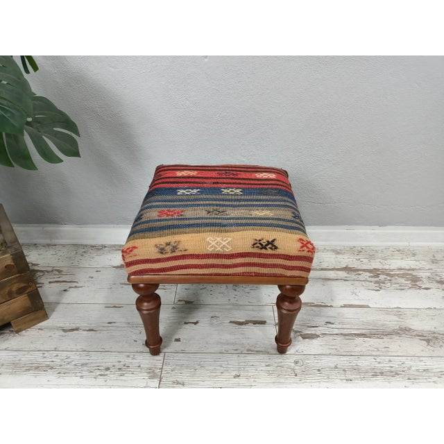 Kilim Upholstered Farmhouse Style Padded Footstool | Chairish