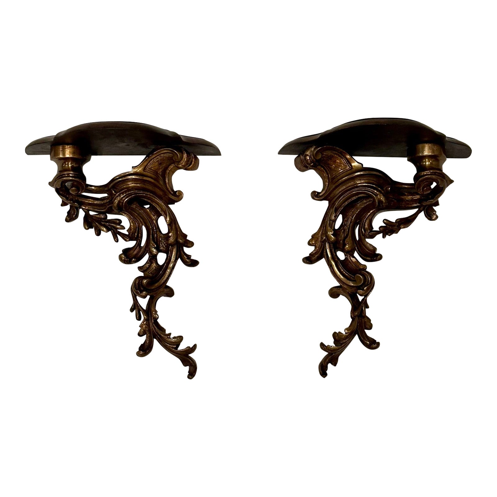 Cast Brass Rococo Style Wall Brackets With Walnut Tops -A Pair | Chairish