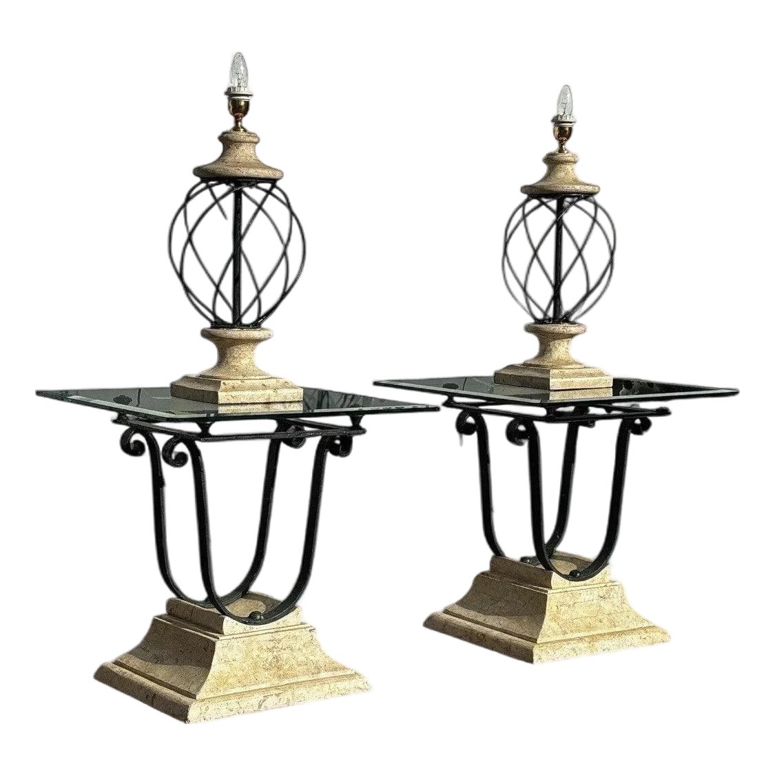 Mid-Century Cast Iron Tables with Faux Stone Glass Tops and Table Lamps ...