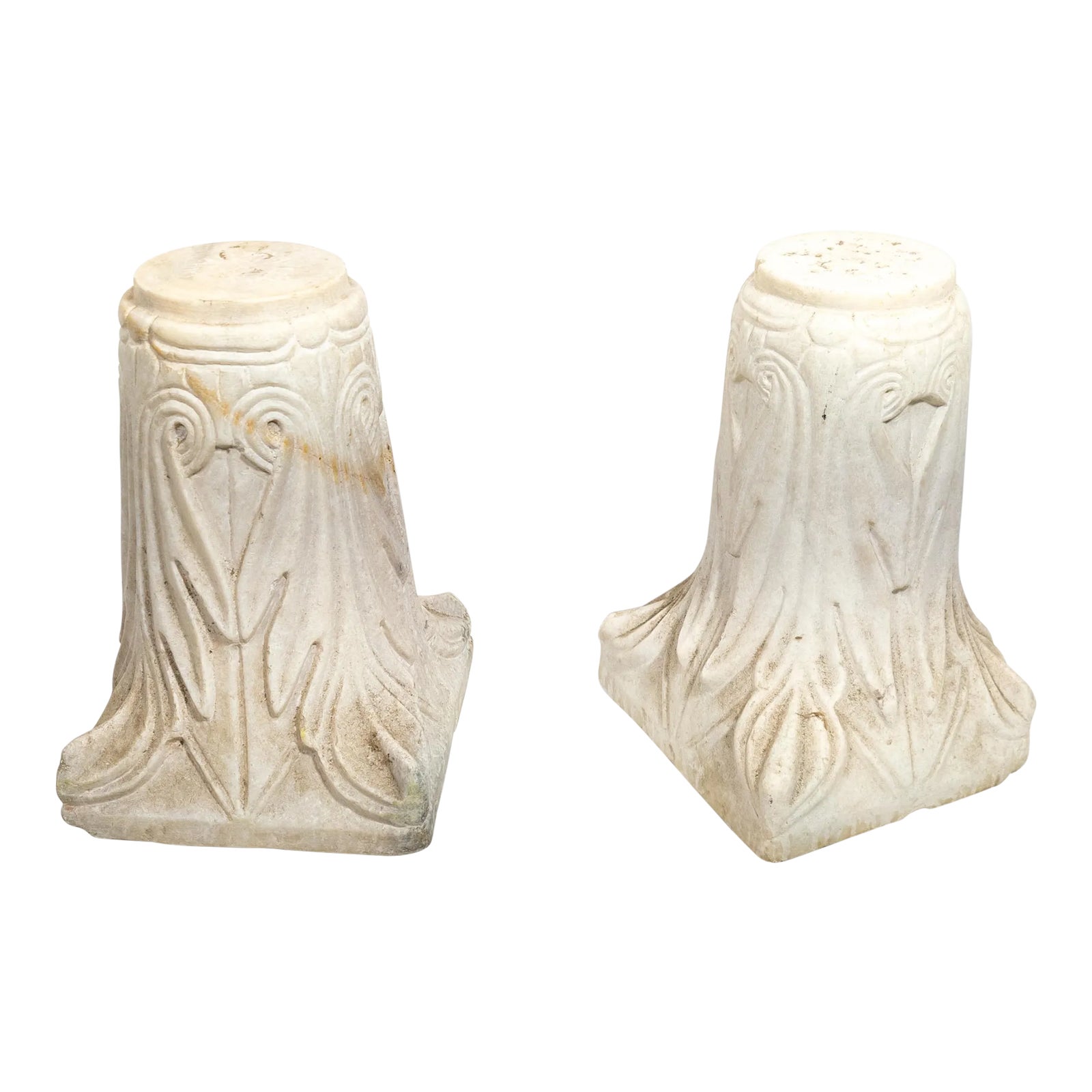 19th Century Carved Pair of Architectural Garden Marble Column Capitals ...