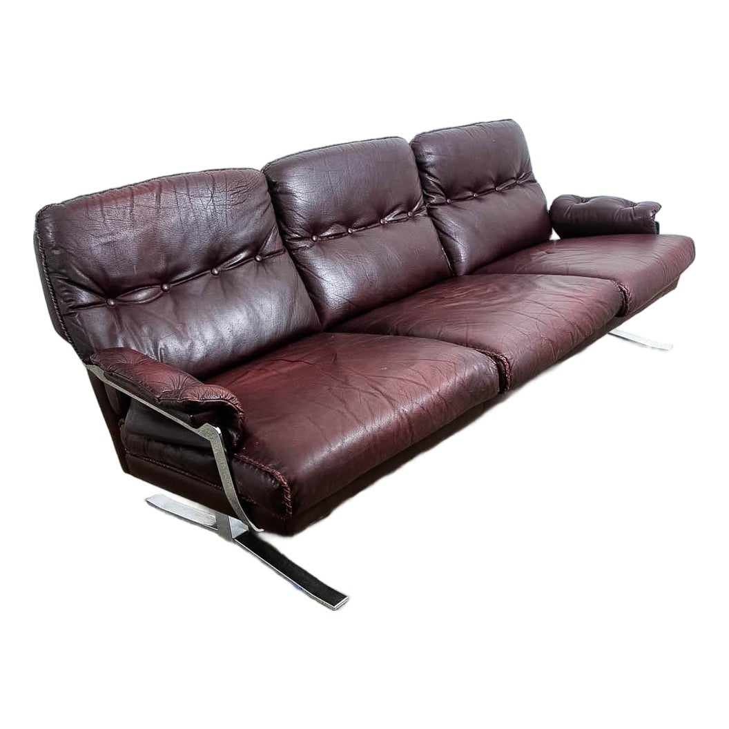 1960s Mid Century Danish Modern Sofa Couch Burgundy Chrome Leather ...