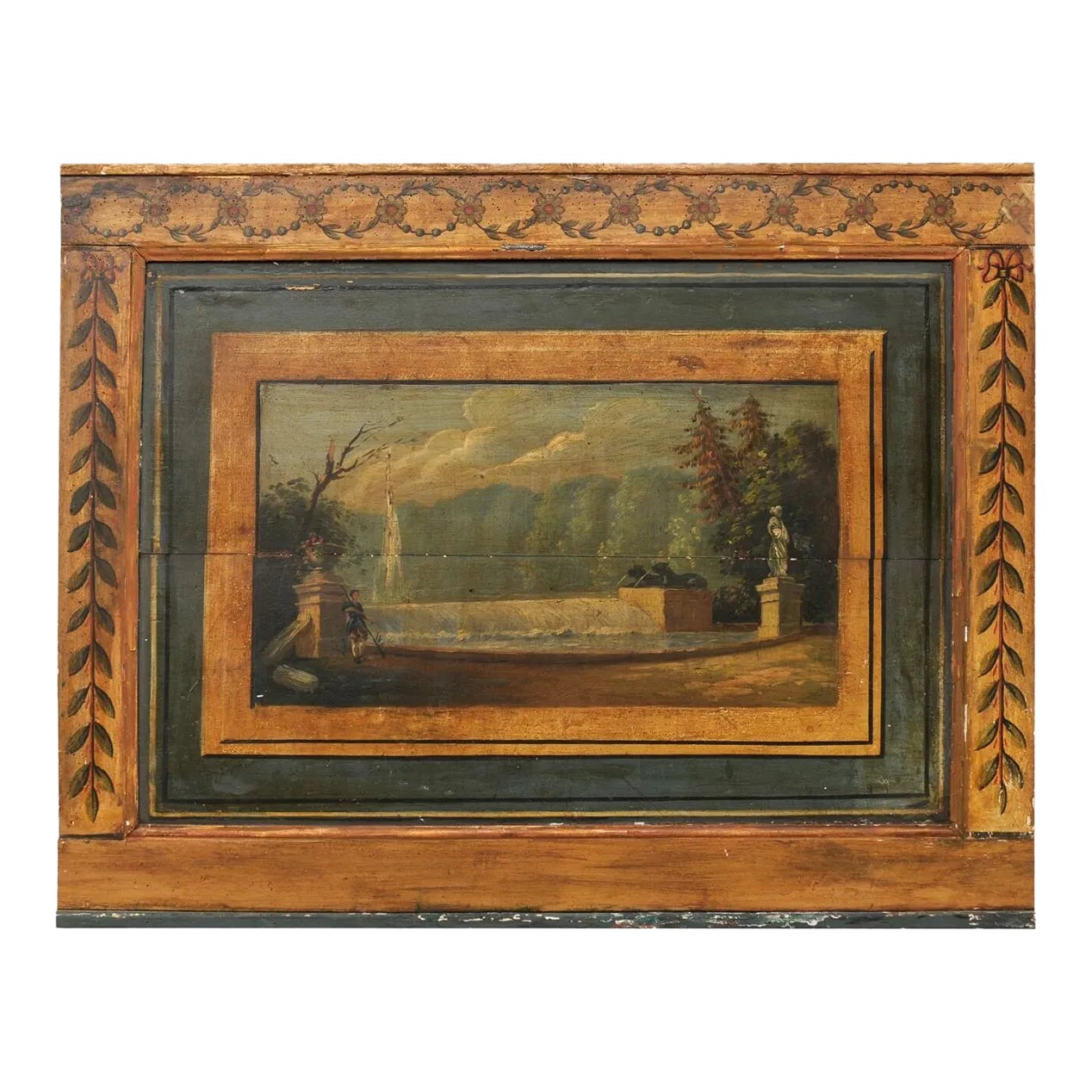French Wood Plaque with Painted Landscape | Chairish