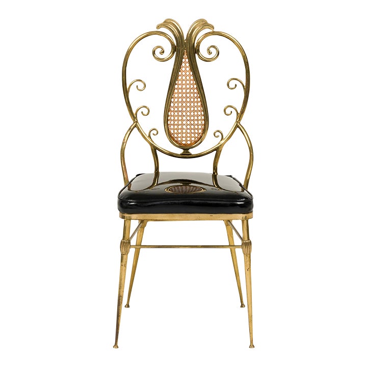 Italian Mid-Century Brass and Black Patent Leather Scroll Back Side ...