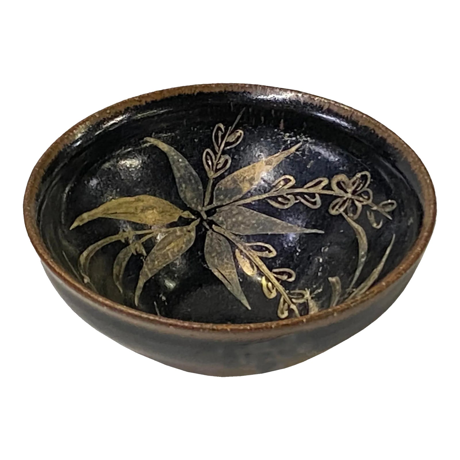 Chinese Ware Brown Black Glaze Flower Pattern Ceramic Bowl Cup Display ...