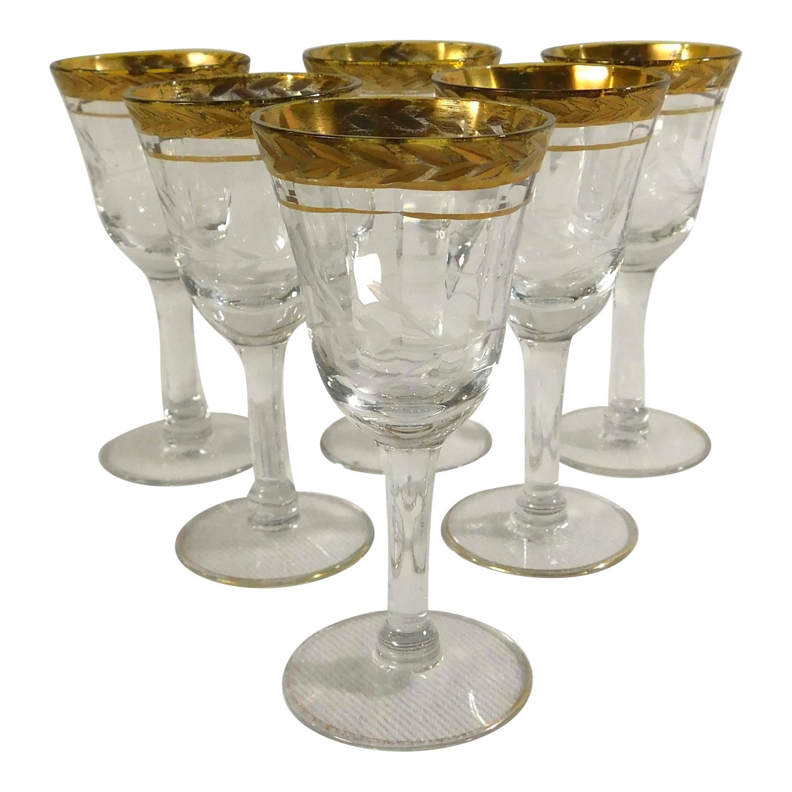 Antique Gold Encrusted Hand Cut Crystal Etched Floral Fluted Cordial ...