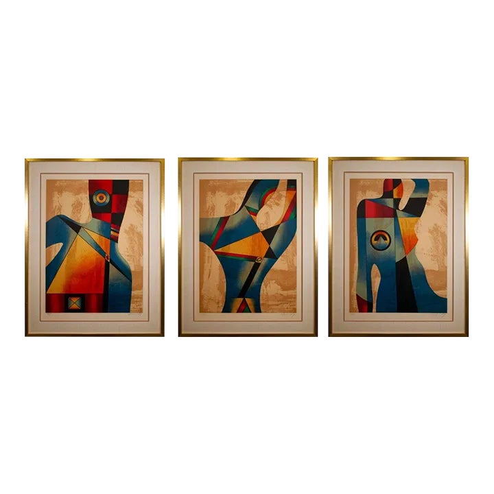 1970s Abstract Surrealist Triptych Signed Serigraph on Paper 93/99 Framed by Neal Doty - Set of ...