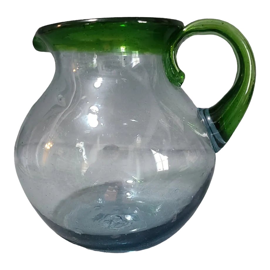 Vintage Colorful Mexican Hand-Blown Art Glass Attached Handle Pitcher ...