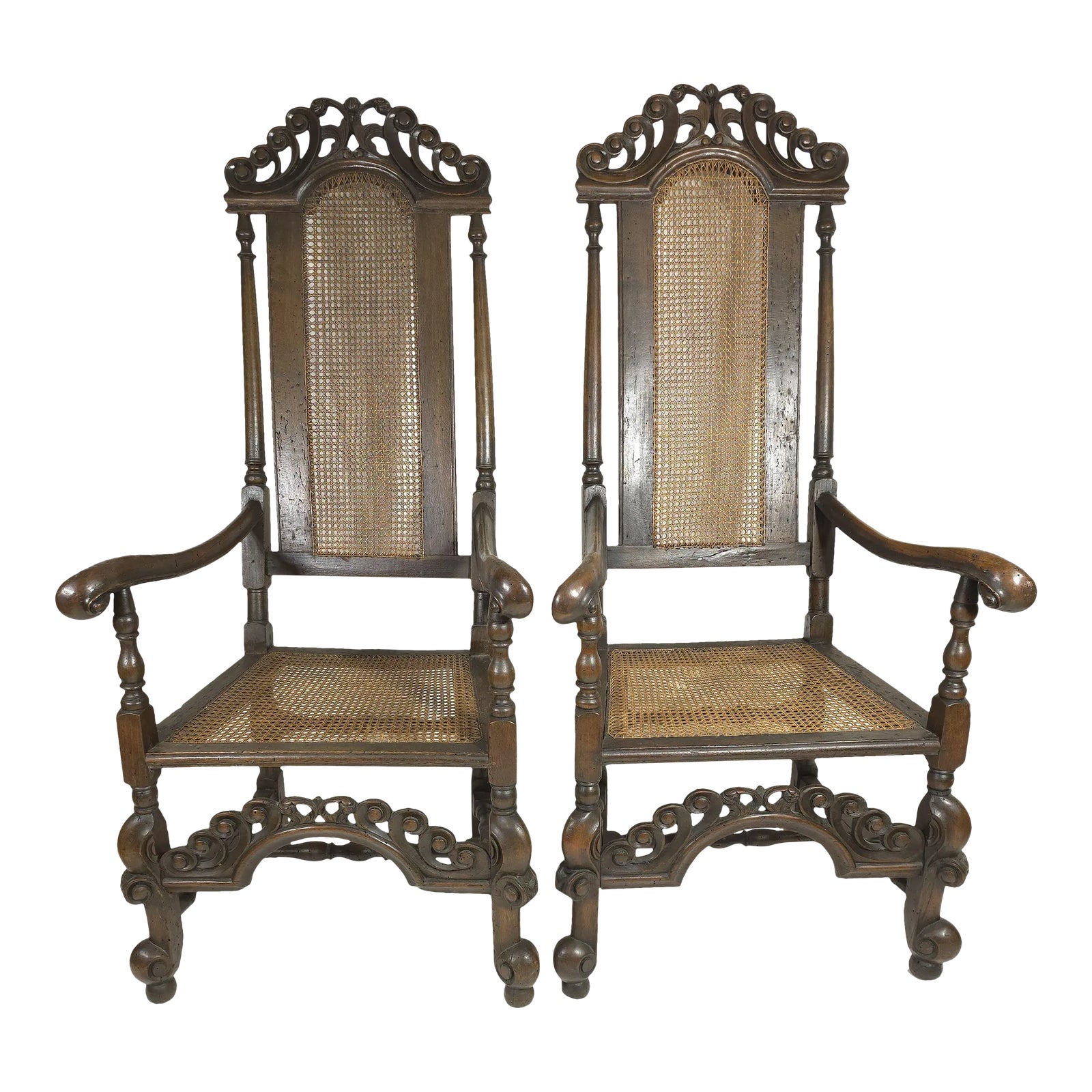 Antique Pair of 18th C. English William & Mary Baroque Rococo High Back ...