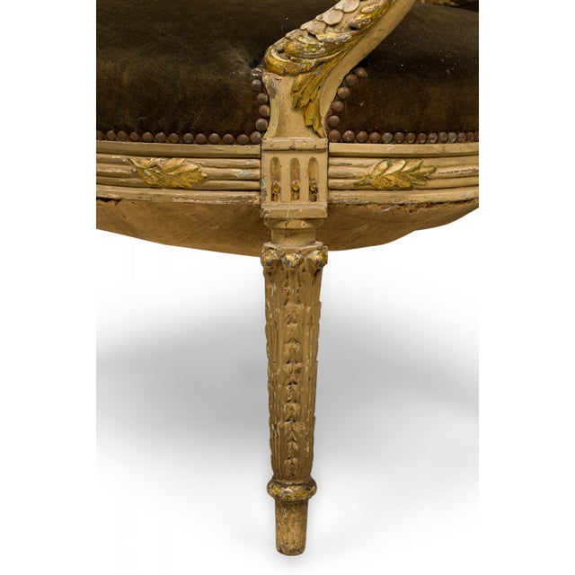 French Louis XVI Style Oval Back Carved Wood Green Velvet Upholstered ...