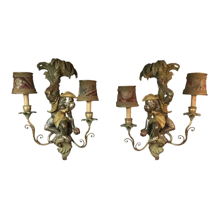 Vintage Hand Carved Italian Monkey Wall Sconces - Set of 2 | Chairish