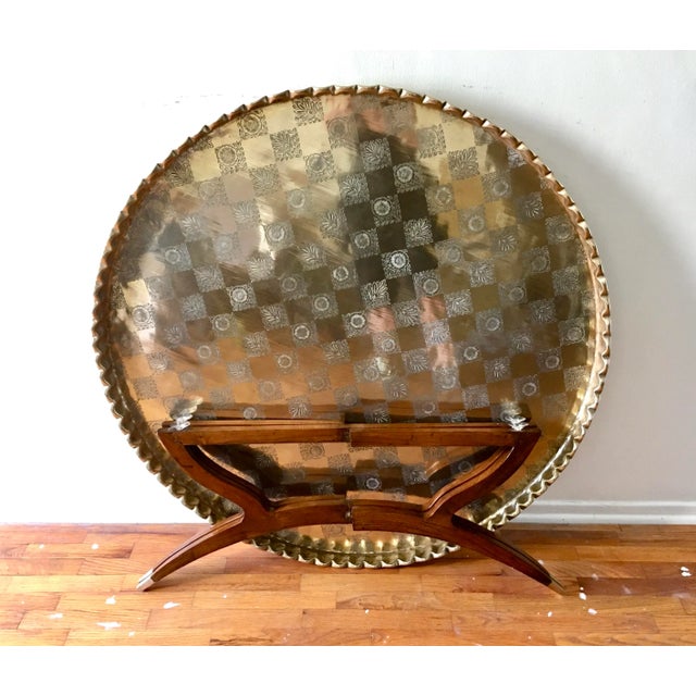 Mid-Century Large Turkish Round Brass Tray Table | Chairish