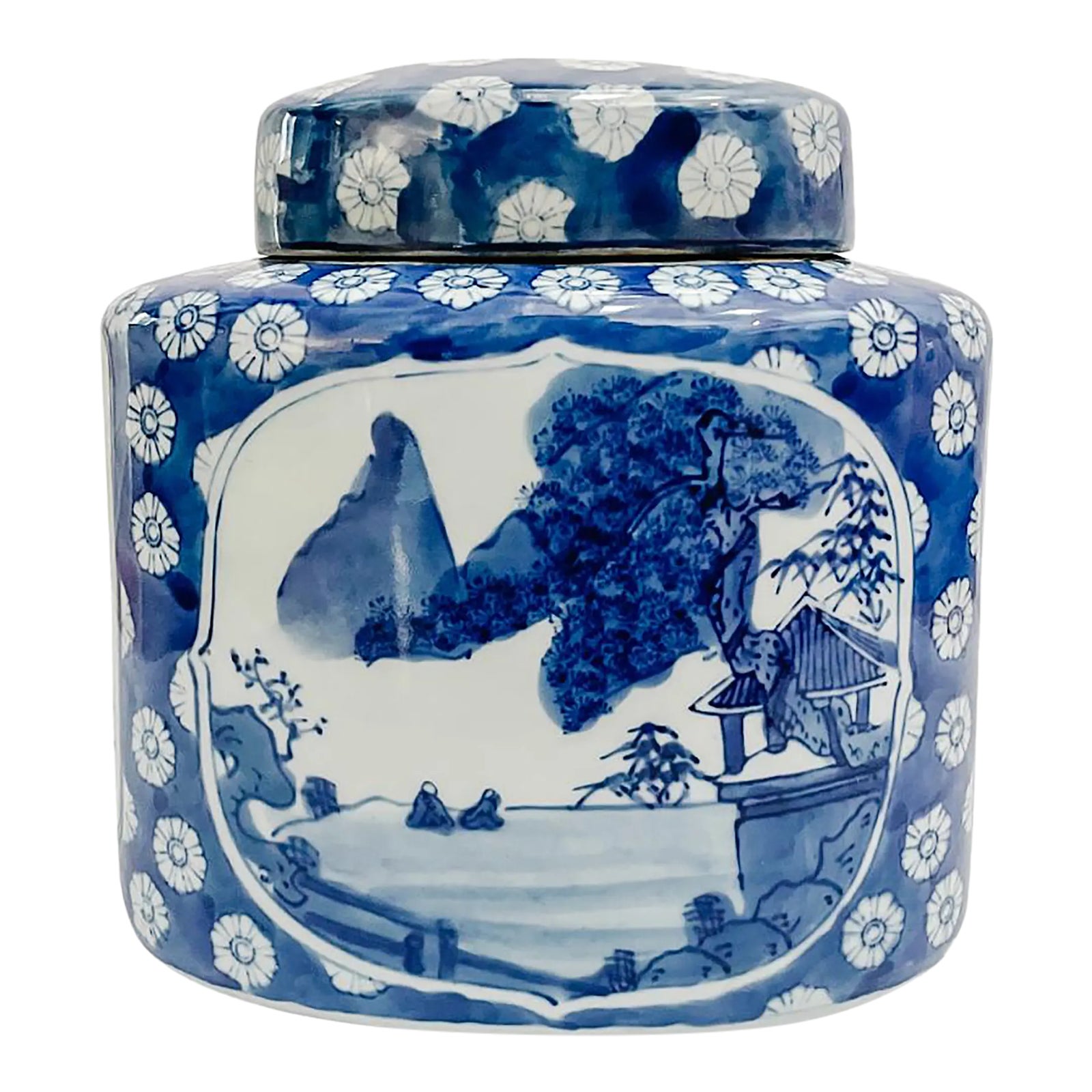 Vintage Chinese Blue Willow Porcelain Large Tea Caddy | Chairish