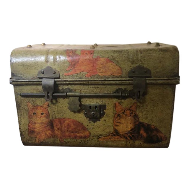 Early 20th Century Antique Metal Decoupage Cat Trunk | Chairish