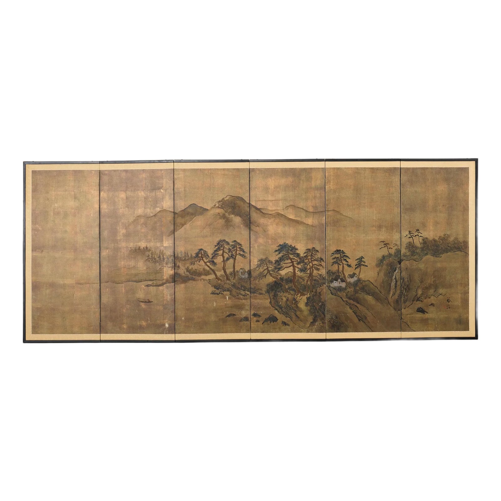 Japanese Showa Six Panel Screen Mountain Landscape | Chairish