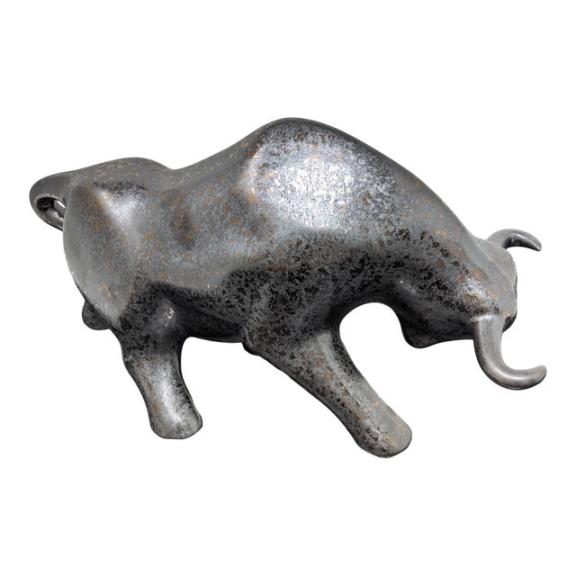 Modern Figurative Raging Wall Street Bull Charcoal and Bronze Speckled ...