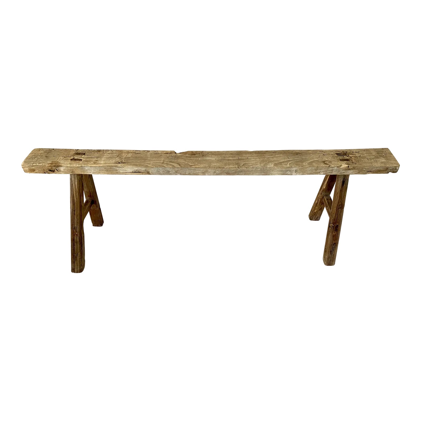 Rustic Elm Wood Skinny Bench | Chairish