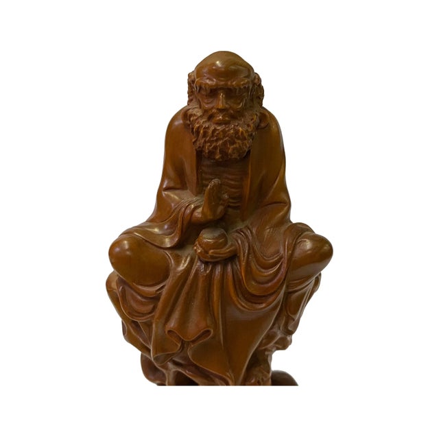Chinese Brown Zen Master Damo Deity Meditation Wood Statue | Chairish