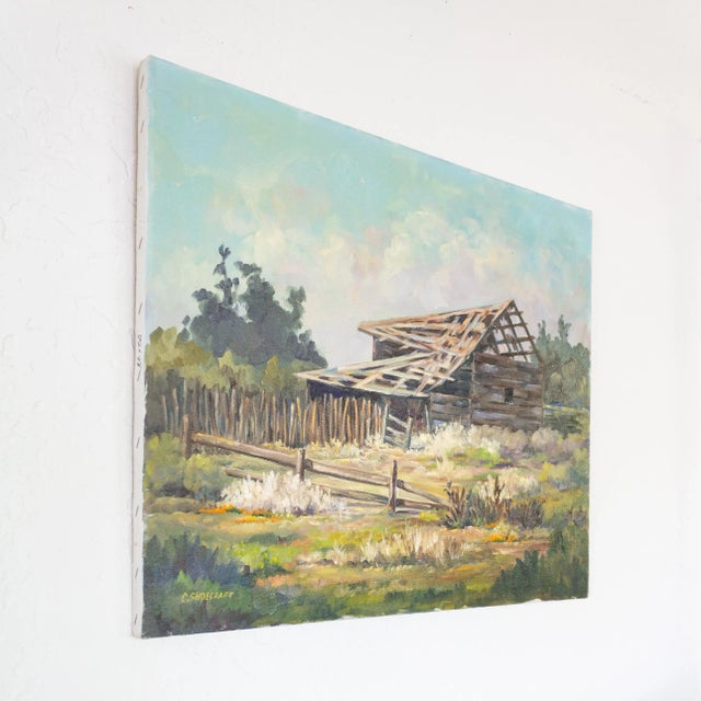 Signed Old Log Cabin Landscape Oil Painting of the American West | Chairish